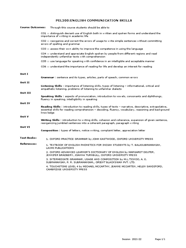 Pel200:English Communication Skills: Course Outcomes | Download Free ...