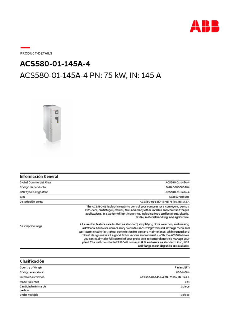 ACS580-01-145A-4 PN: 75 KW, IN: 145 A | PDF | Manufactured Goods ...