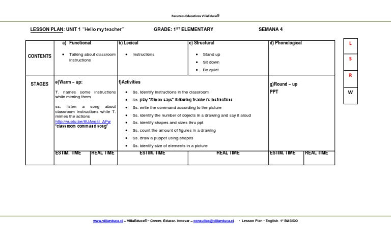 Lesson Plan: Unit 1 "Hello My Teacher" Grade: 1 Elementary Semana 4 ...