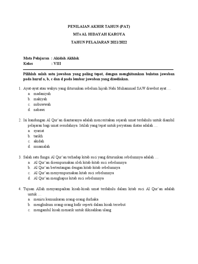 PAT Akidah Akhlak Kelas VIII 2021/2022 | PDF