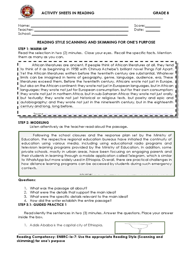 Grade 8 Reading Activity Sheets | PDF | Ethiopia | African Literature