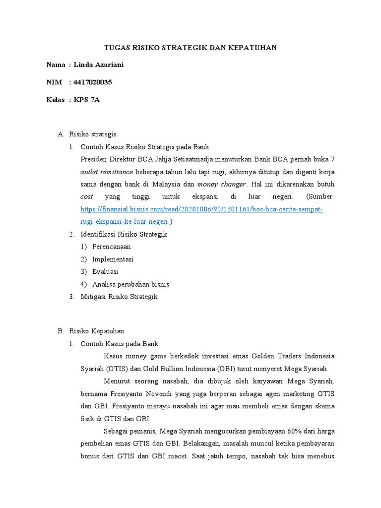 Tugas Risiko Strategik Dan Kepatuhan | PDF | Bisnis | Hukum