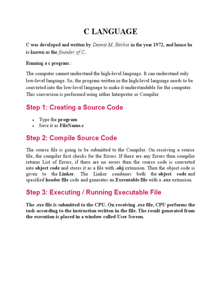 C Language: Step 1: Creating A Source Code | PDF | Data Type | Compiler