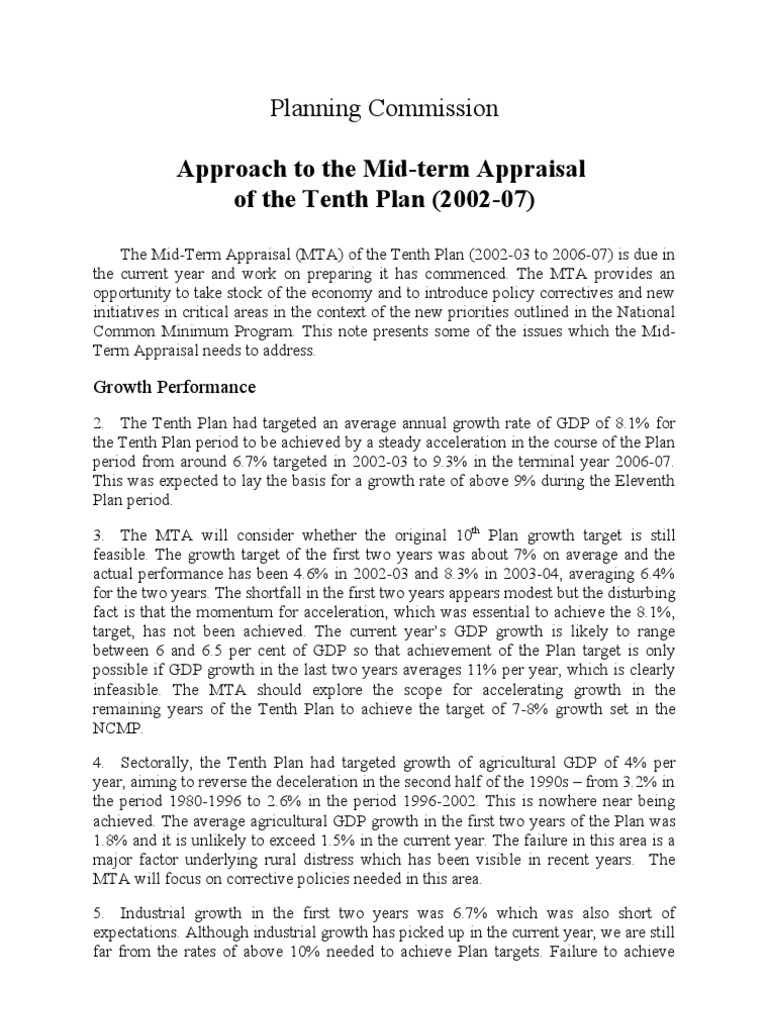 Mid-term Appraisal of Tenth Plan 2002-07 | PDF | Economic Growth ...