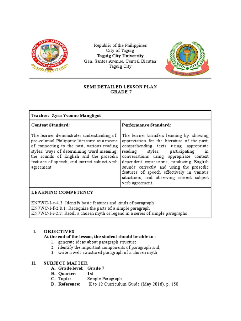 Grade 7 Lesson Plan: Simple Paragraphs | PDF | Lesson Plan | Cognitive ...