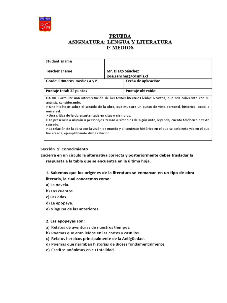 Prueba Sobre La Epopeya | Descargar gratis PDF | Poesía épica | guerra ...
