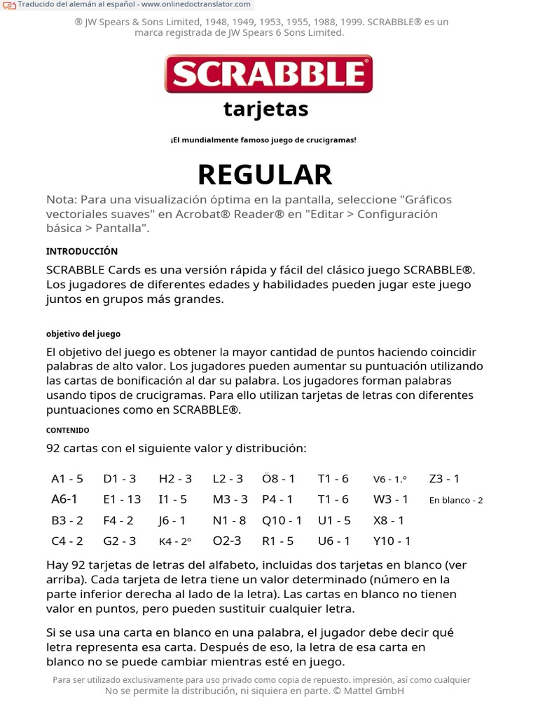 Reglas Scrabble Cartas, Juegos Spears Mattel 1997 | PDF | Lingüística