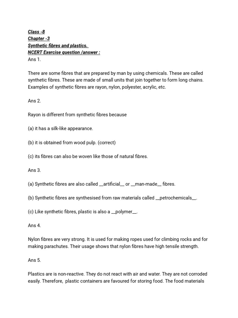 Class - 8 Chapter - 3 Synthetic Fibres and Plastics | PDF | Fibers | Plastic