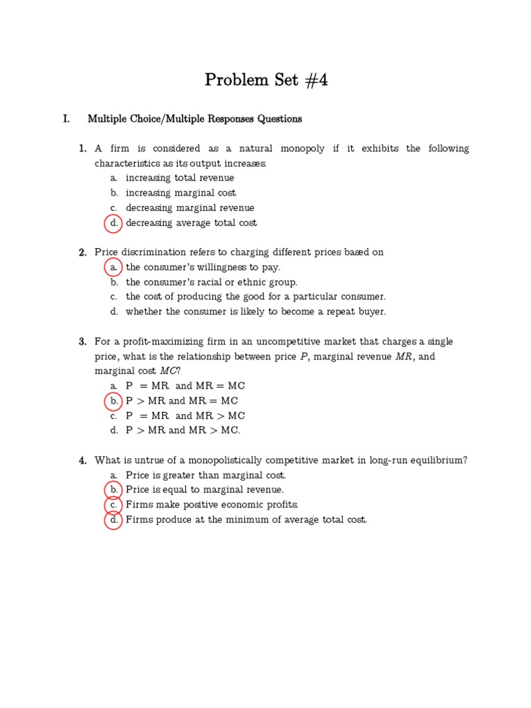 Analysis of a Problem Set Covering Concepts of Monopoly, Price Discrimination, Natural Monopoly ...