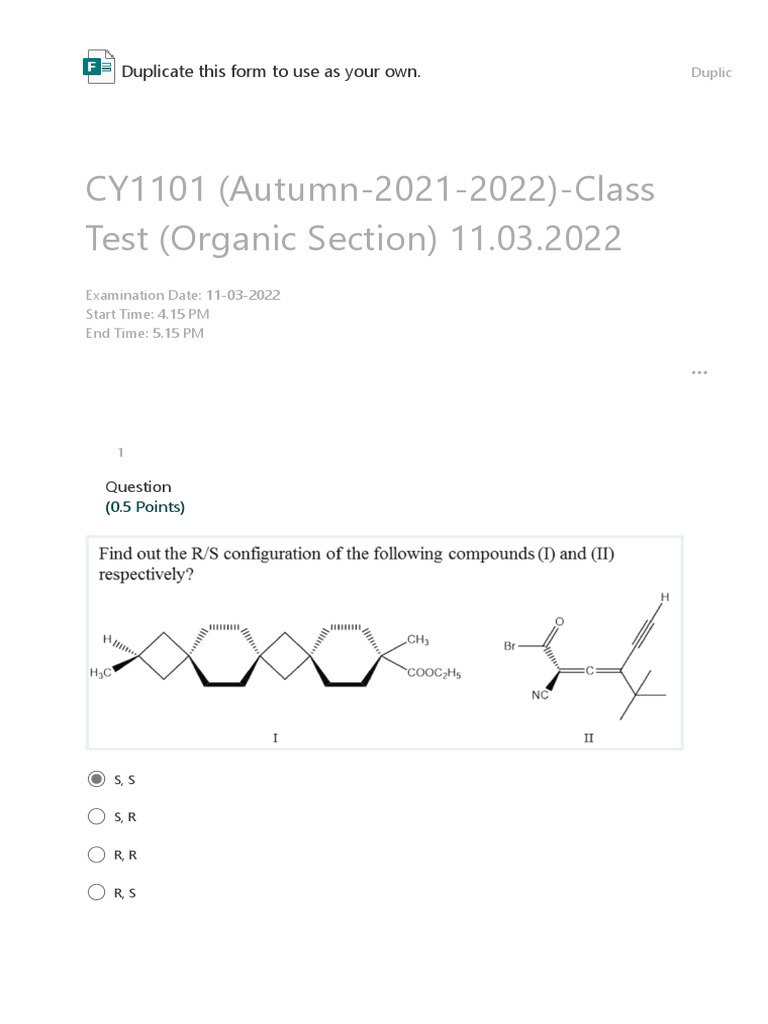 CY1101 (Autumn-2021-2022) - Class Test (Organic Section) 11.03.2022 ...