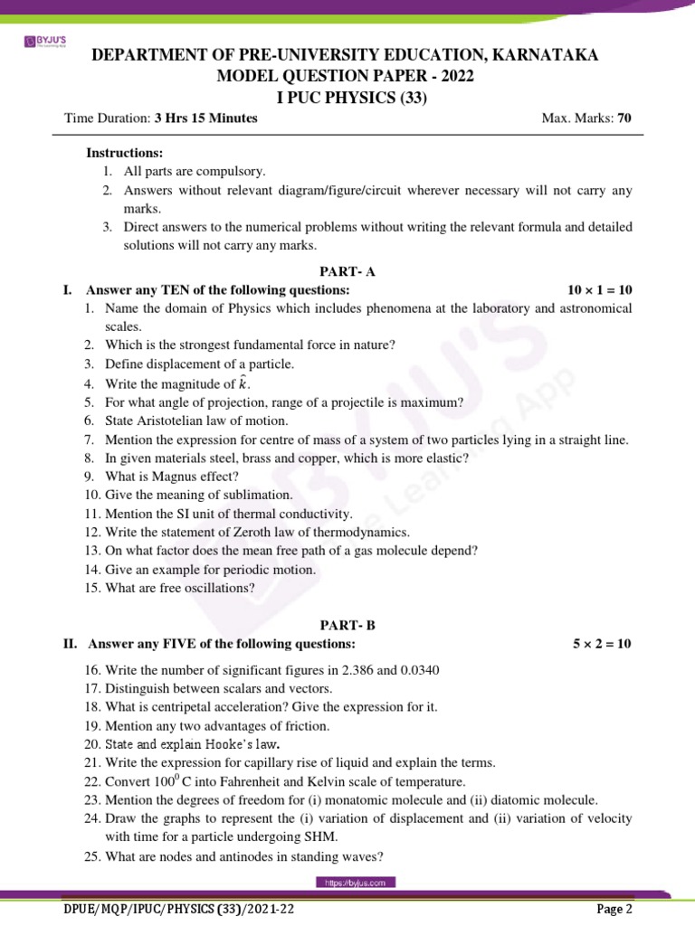 Kseeb I Puc Physics Model Paper 2022 | PDF | Gases | Velocity