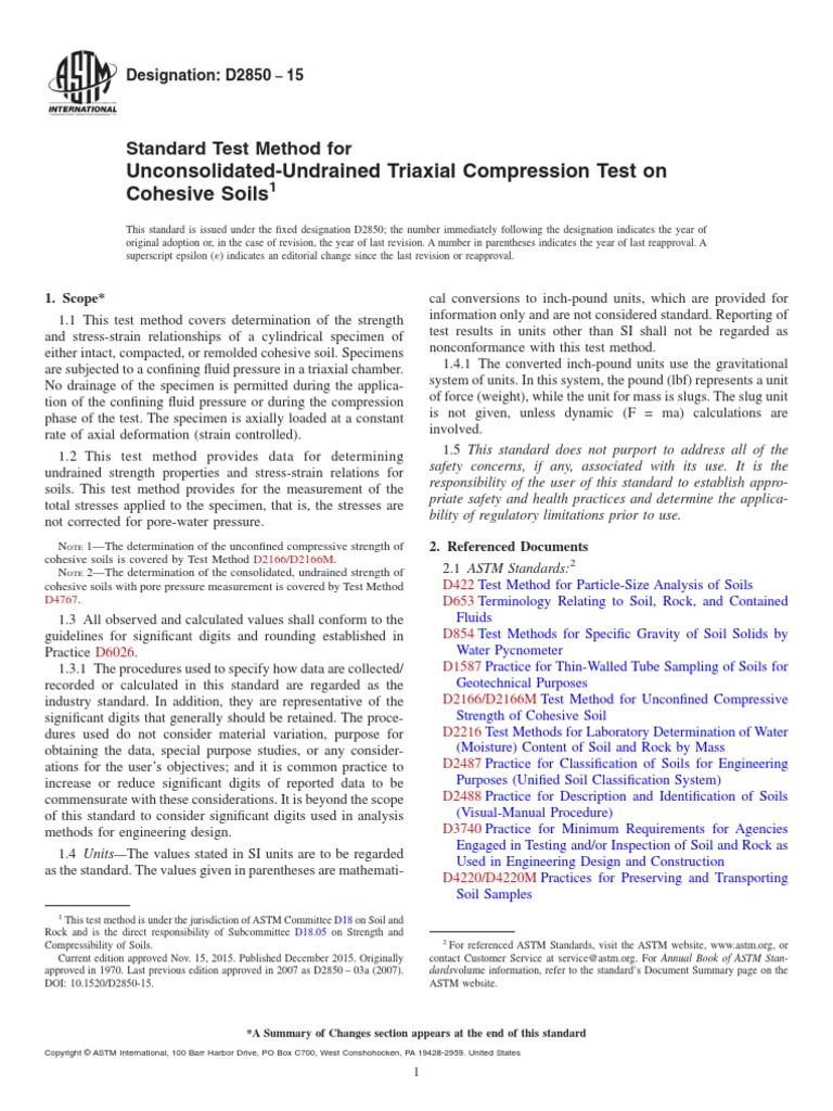 ASTM D2850-15 粘性土三轴不固结不排水剪试验 | PDF | Strength Of Materials | Stress ...