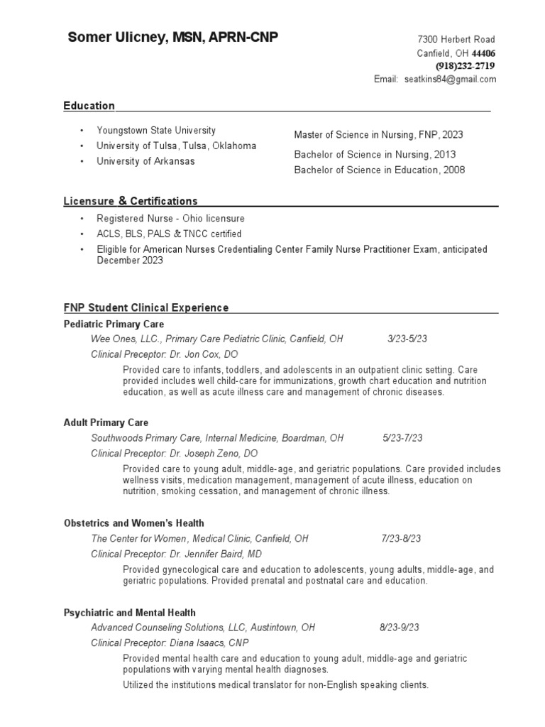 Somer Ulicney FNP Resume | PDF | Surgery | Nursing