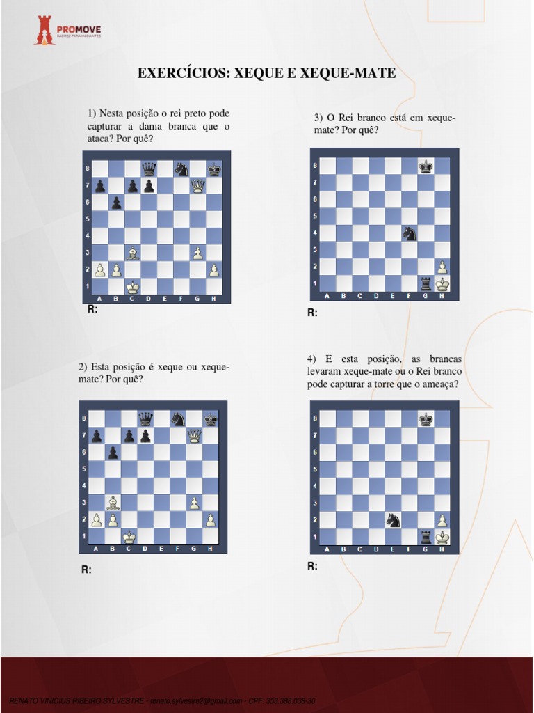 Aula 13 - Xeque-Mate Exercícios | PDF | Aberturas (xadrez) | Xadrez