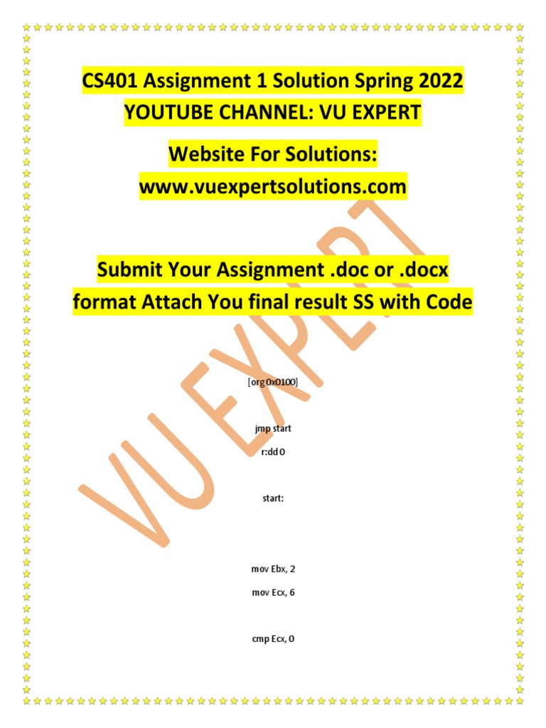 CS401 Assignment 1 Solution Spring 2022 Youtube Channel: Vu Expert Website For Solutions | PDF