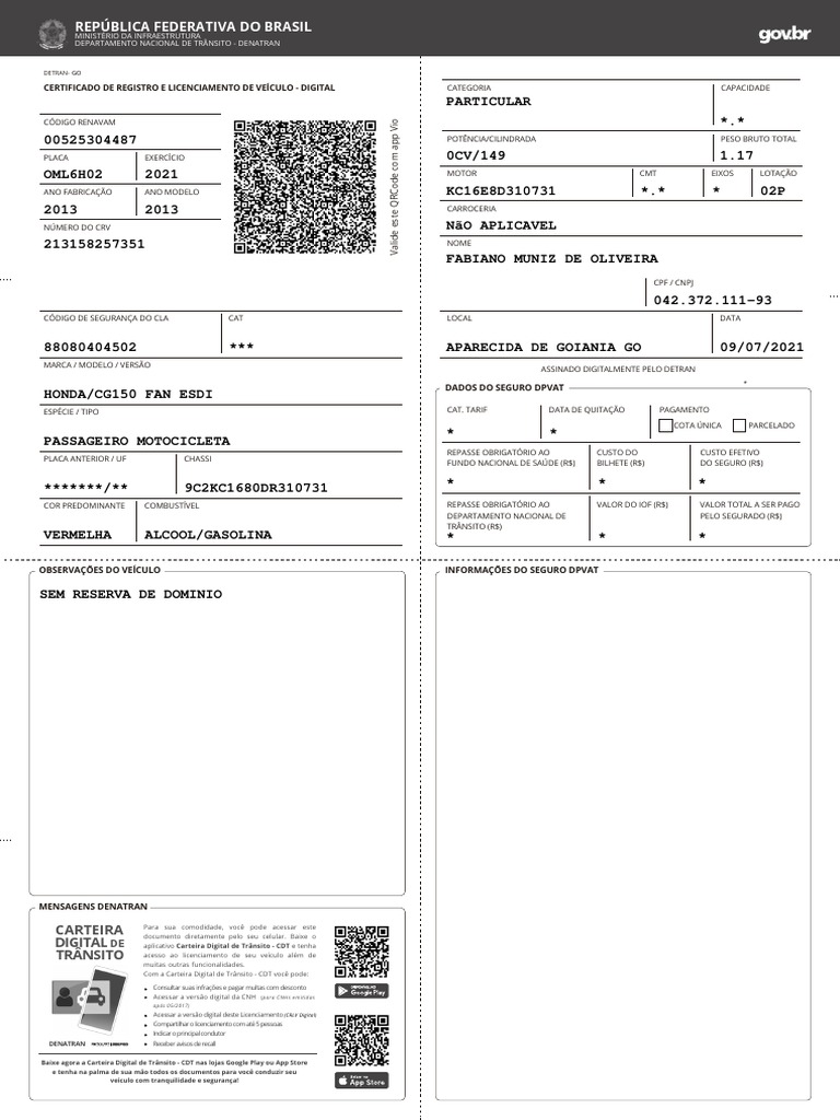 Documento Da Moto 2021 | PDF | Transporte | Veículos