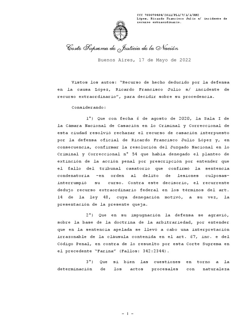 Fallo CCC 760070454 - 2011 - PL01 - 7 - 1 - 1 - RH002 | PDF | Sentencia (ley) | Derecho penal