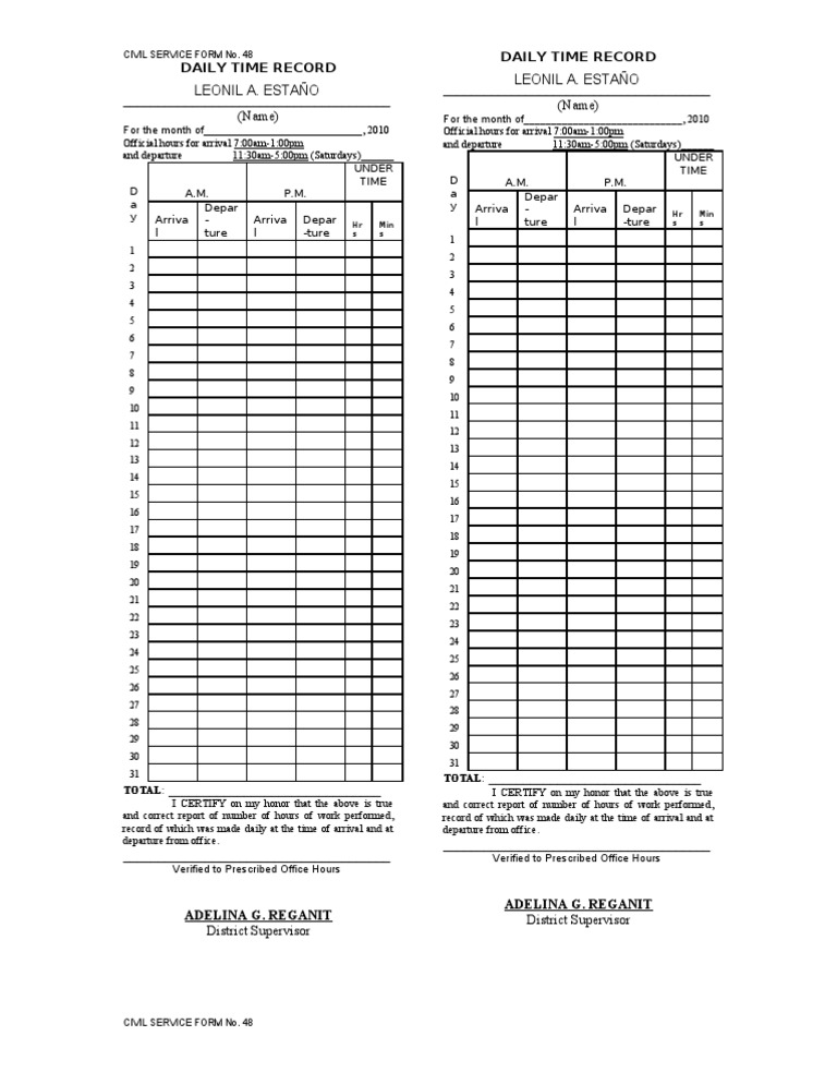 DTR Daily Time Record Form 48 