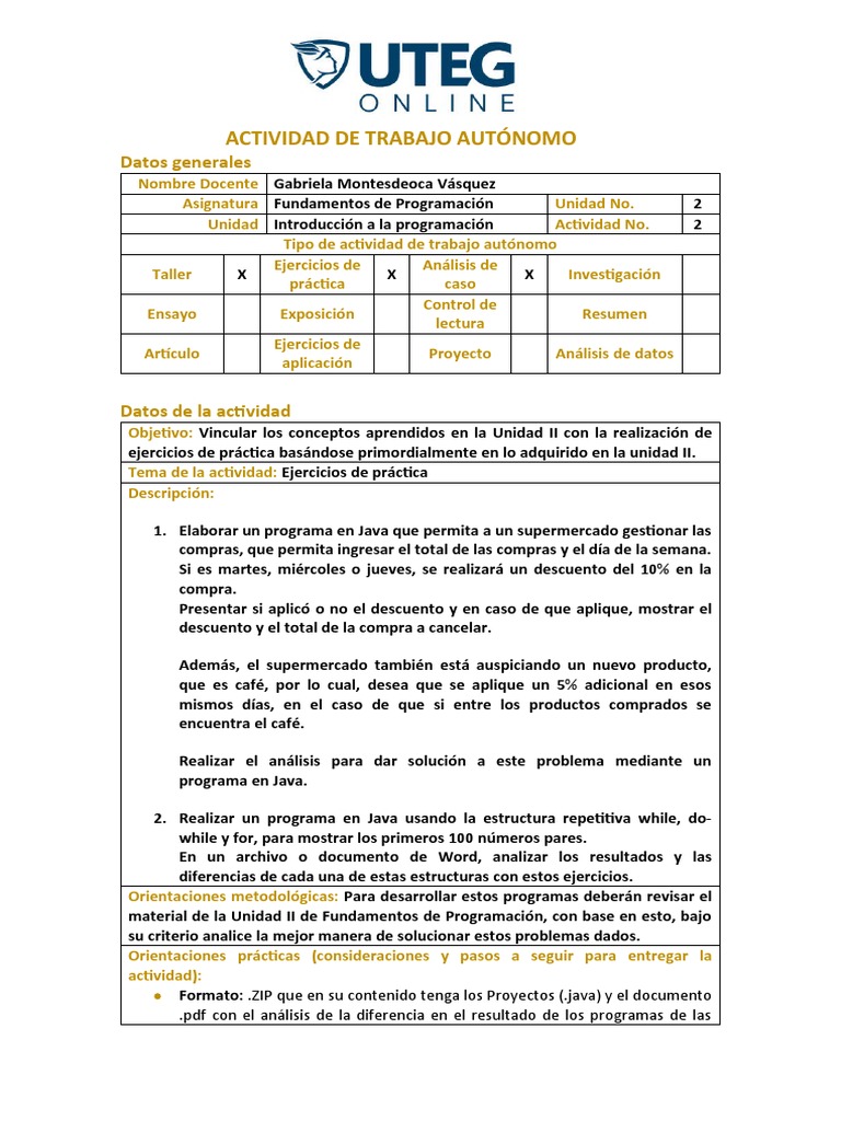 Fundamentos de Programacion-Taller U2 | PDF | Java (lenguaje de programación) | Cognición