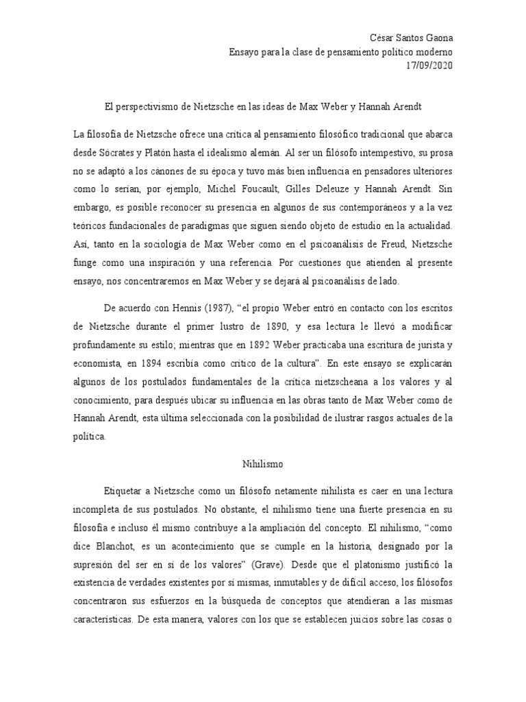 El Perspectivismo de Nietzsche en Las Ideas Políticas de Max Weber y Hannah Arendt | PDF ...
