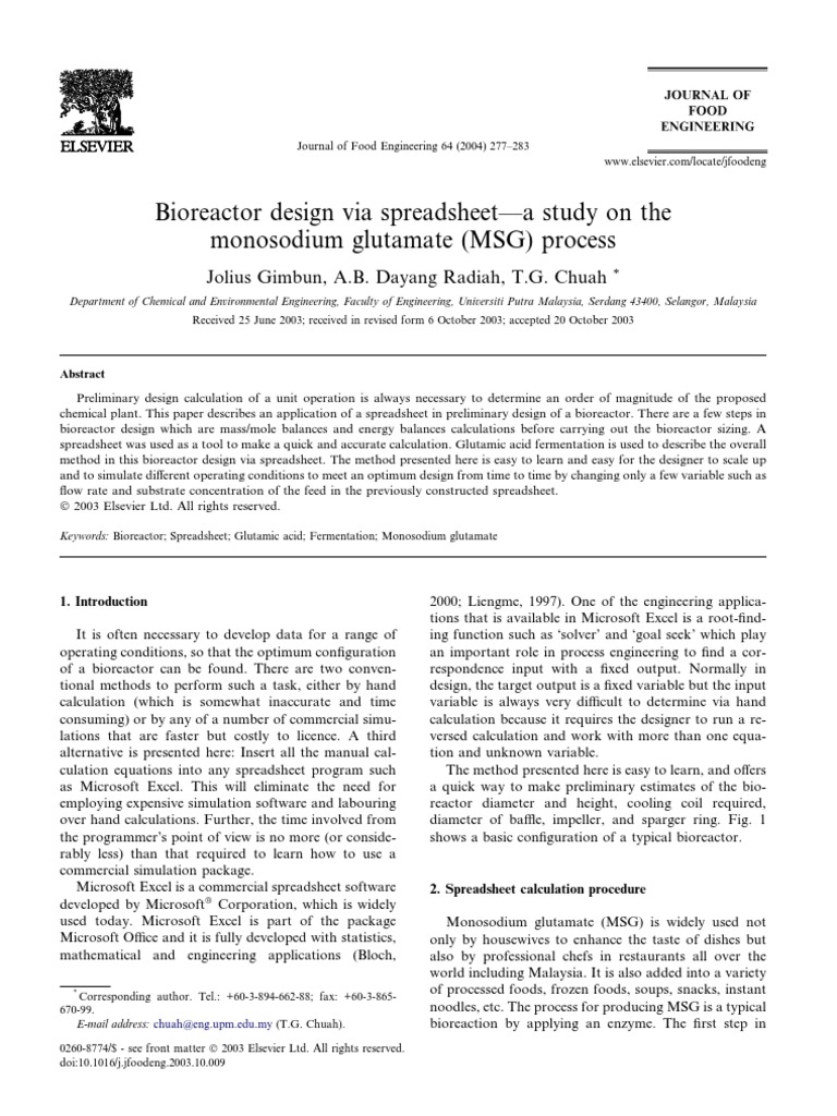 Spreadsheet Bioreactor Design for MSG | PDF | Physical Sciences | Chemistry