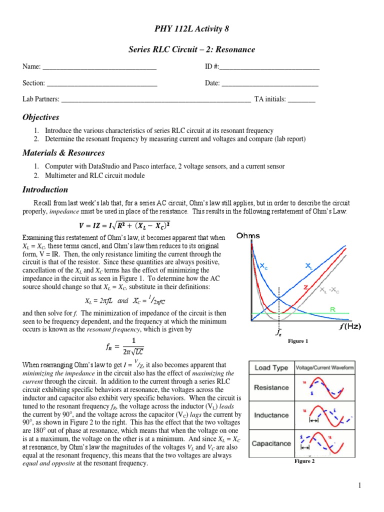 PHY 112L Activity 8 Series RLC Circuit - 2: Resonance | Download Free ...