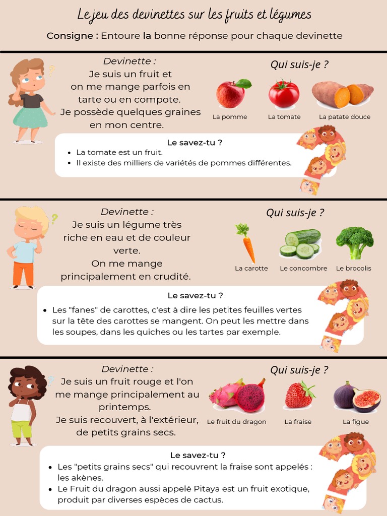 Devinettes sur Fruits et Légumes | PDF | Légumes | Pêche
