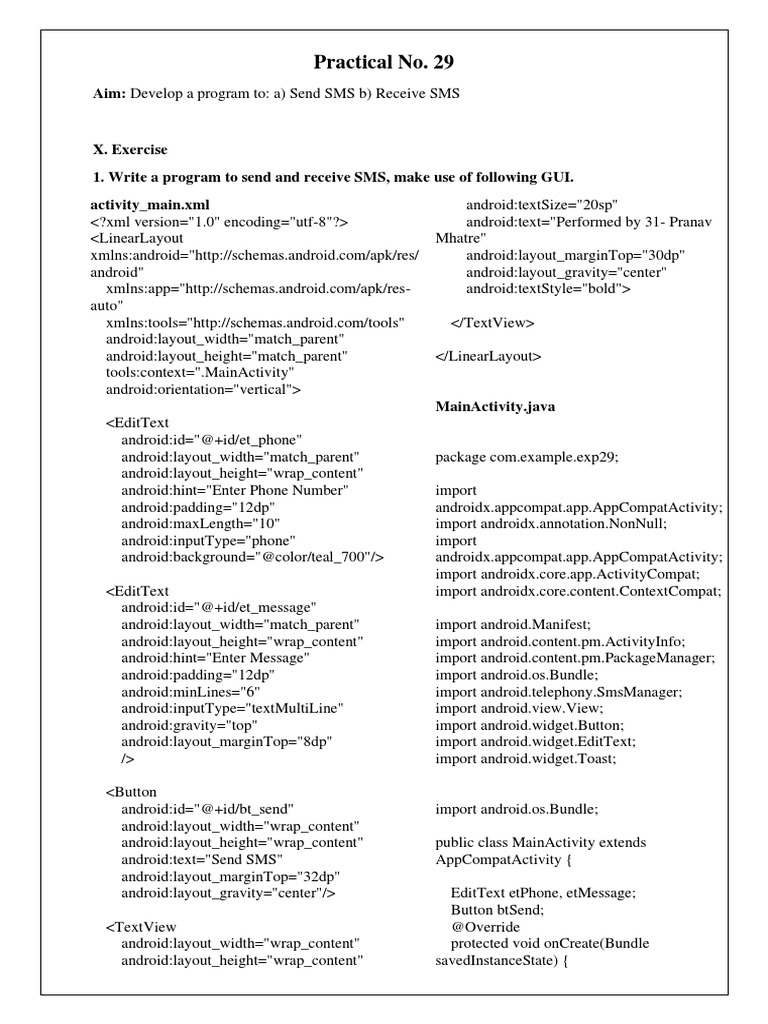 Practical No. 29: Aim: Develop A Program To: A) Send SMS B) Receive SMS | PDF | Android ...