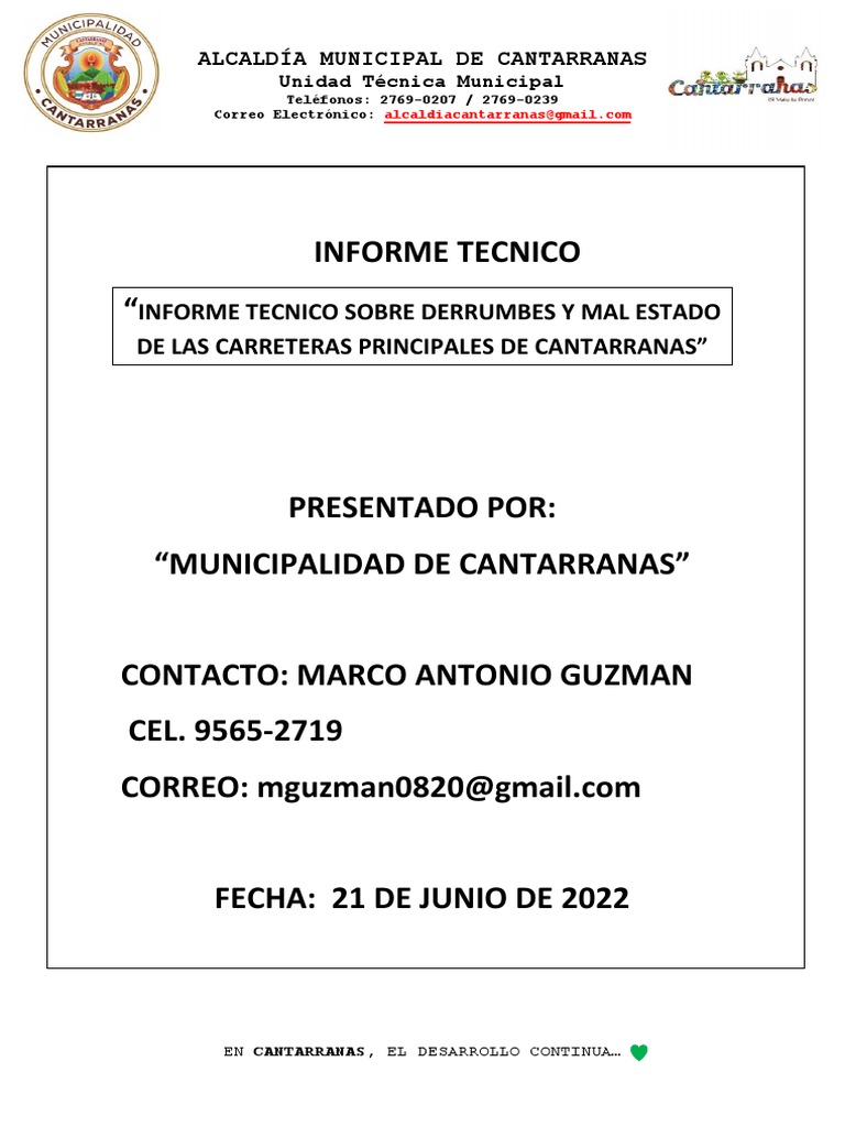 Informe Tecnico de Deslizamientos en Cantarranas | PDF | La carretera
