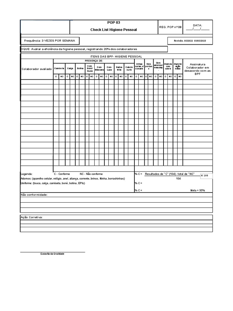 POP 03 Planilha 08 Check List HIGIENE PESSOAL - SEMANAL | PDF