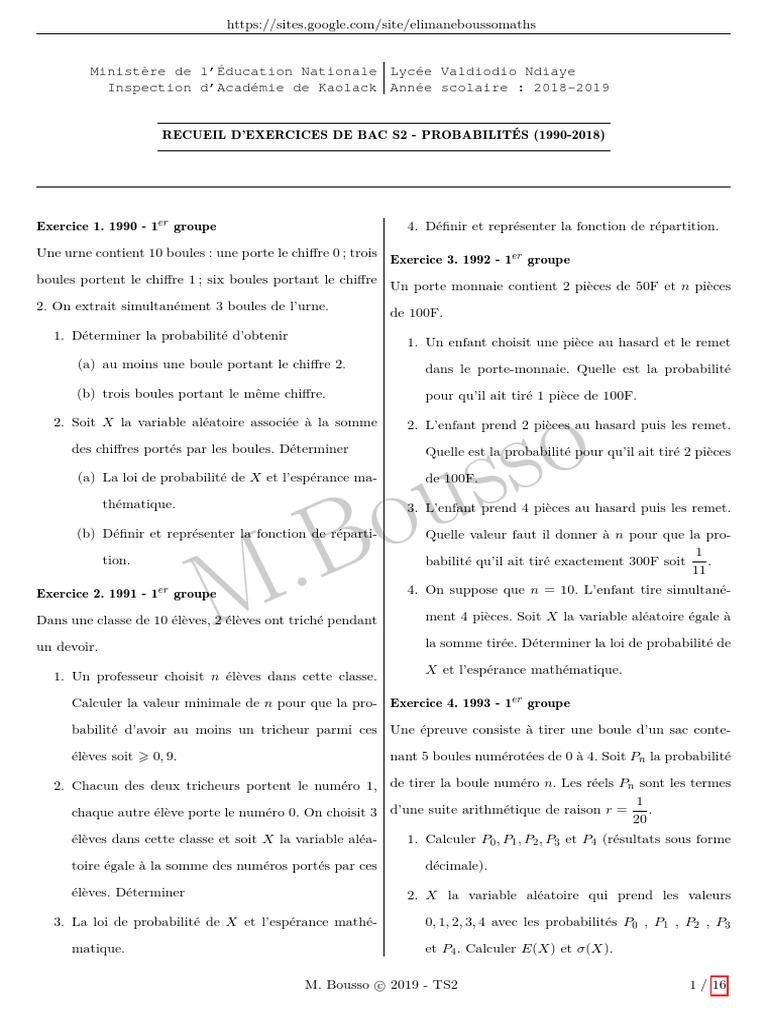 Exercices de Probabilités Bac S2 1990-2018 | PDF | Probabilité ...