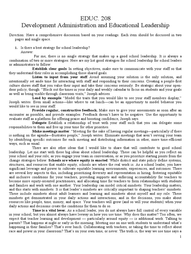 EDUC. 208 Development Administration and Educational Leadership | PDF | Leadership | Teachers