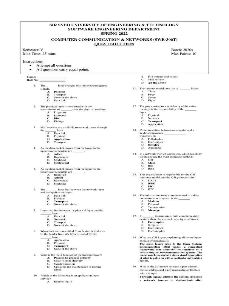 Quiz # 1 Solution | PDF | Osi Model | Computer Network