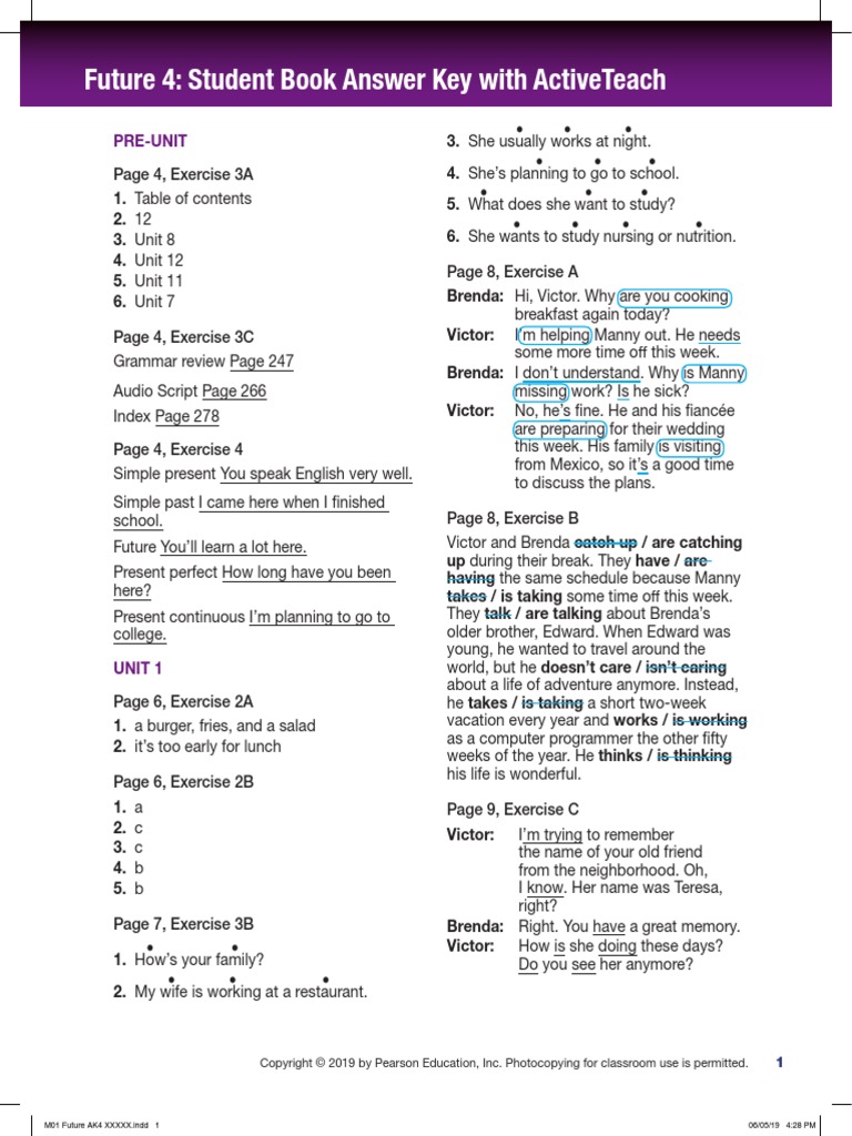 Future 4: Student Book Answer Key With Activeteach: Pre-Unit | PDF | Chef