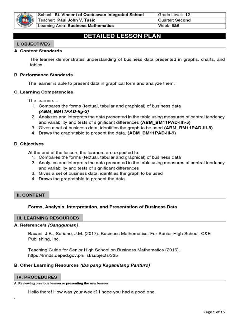 Detailed Lesson Plan: (Abm - Bm11Pad-Iig-2) | PDF | Statistical ...