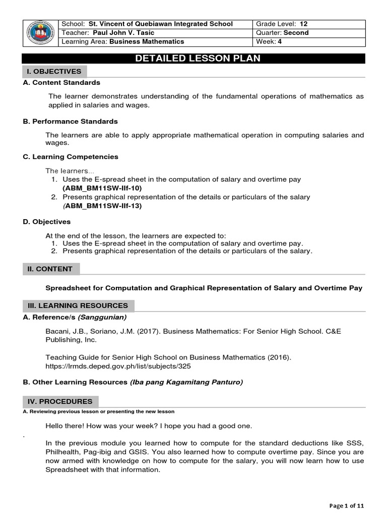 Detailed Lesson Plan: (Abm - Bm11Sw-Iif-13) | PDF | Spreadsheet ...