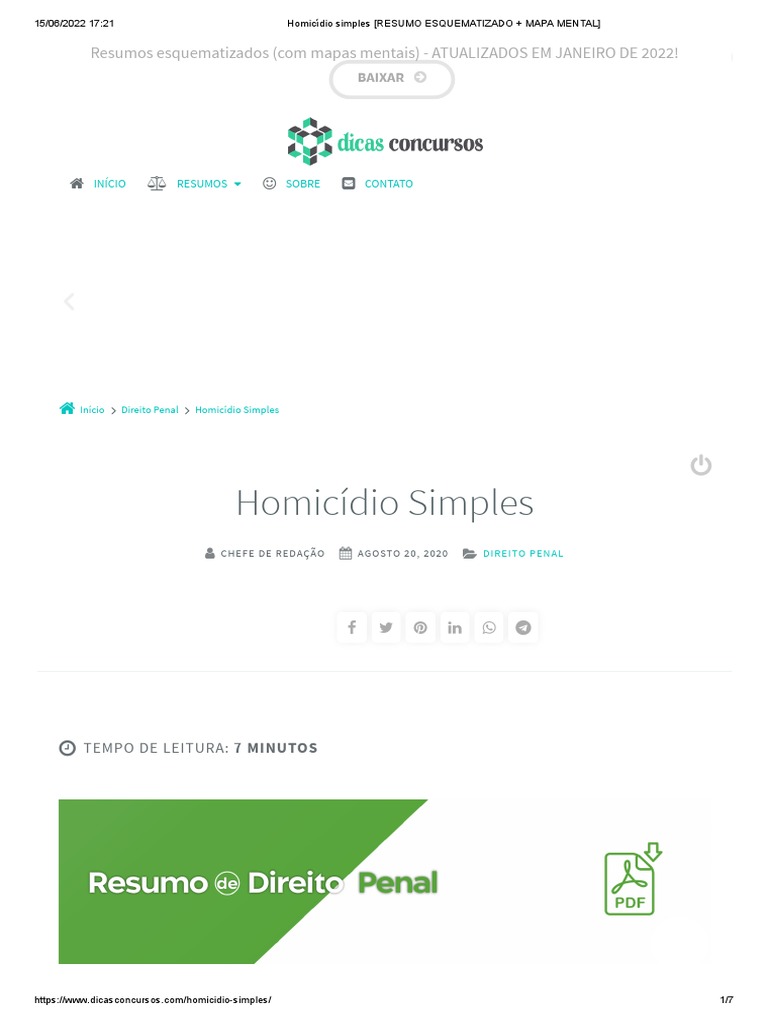 Homicídio Simples (RESUMO ESQUEMATIZADO + MAPA MENTAL) | PDF ...