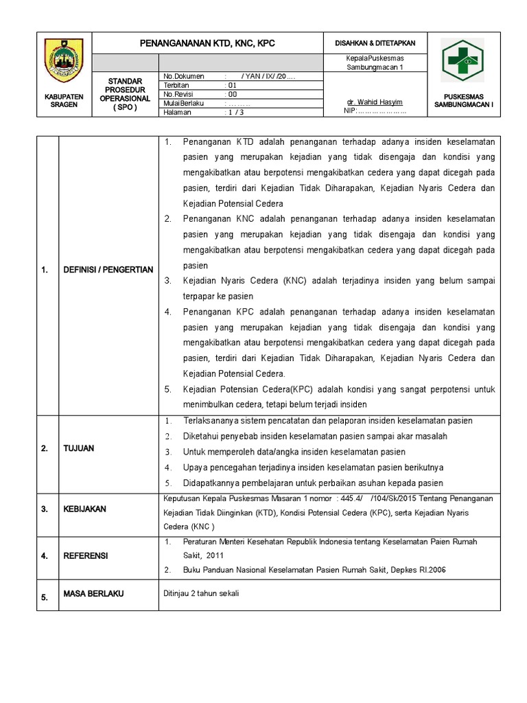 9.1.1.6. SOP Penaganan KTD, KPC, KNC REV | PDF