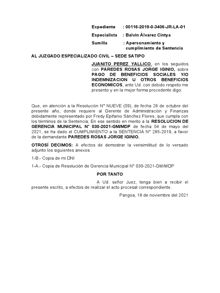 Escrito de Cumplimiento de Sentencia | PDF