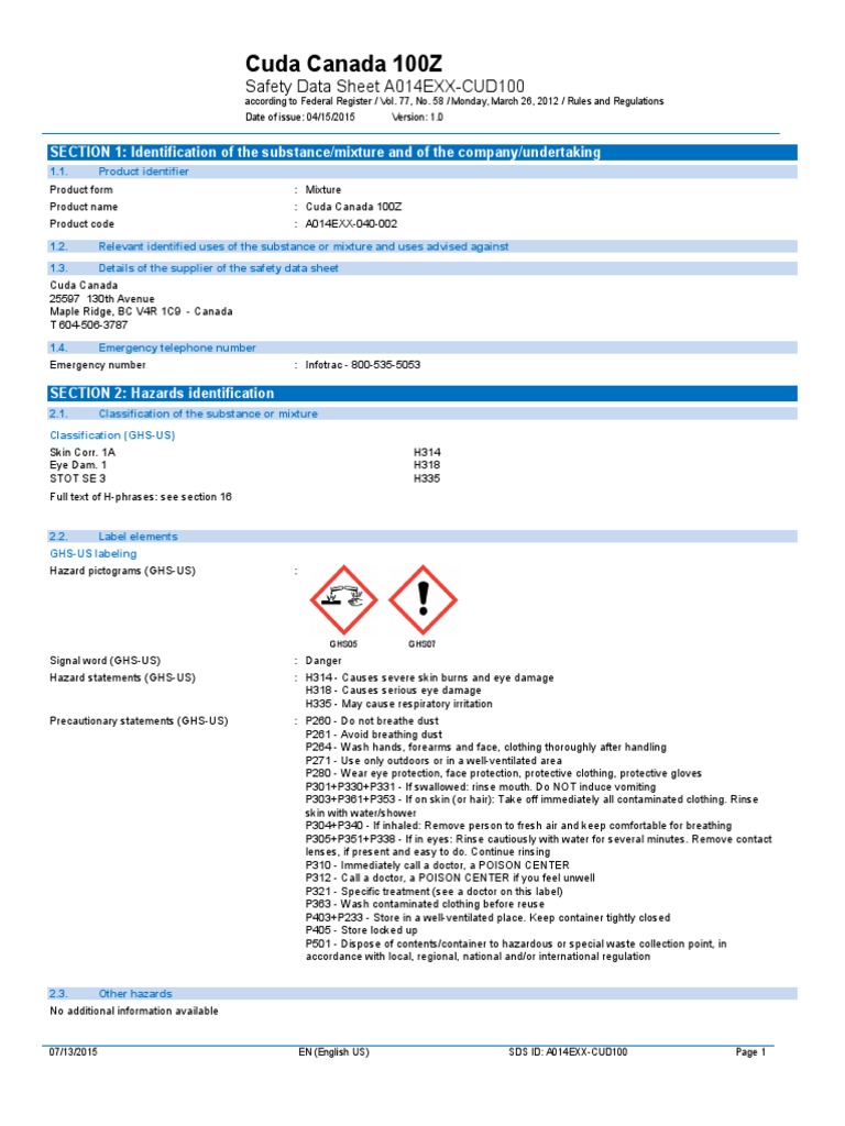 Cuda Canada 100Z: Safety Data Sheet A014EXX-CUD100 | PDF | Firefighting ...
