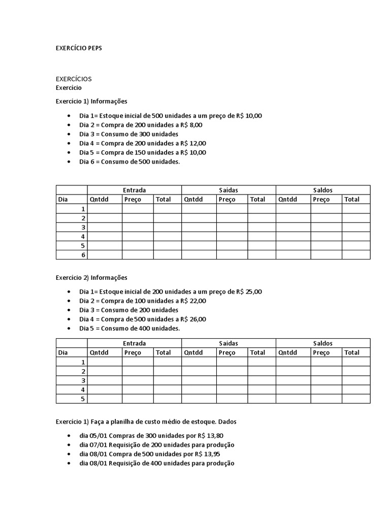 [TÍTULO]: Planilhas de custo médio de estoque para exercícios de inventário e controle de ...