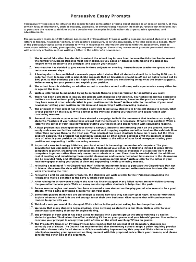 Persuasive Essay Prompts | PDF | Persuasion | Educational Assessment
