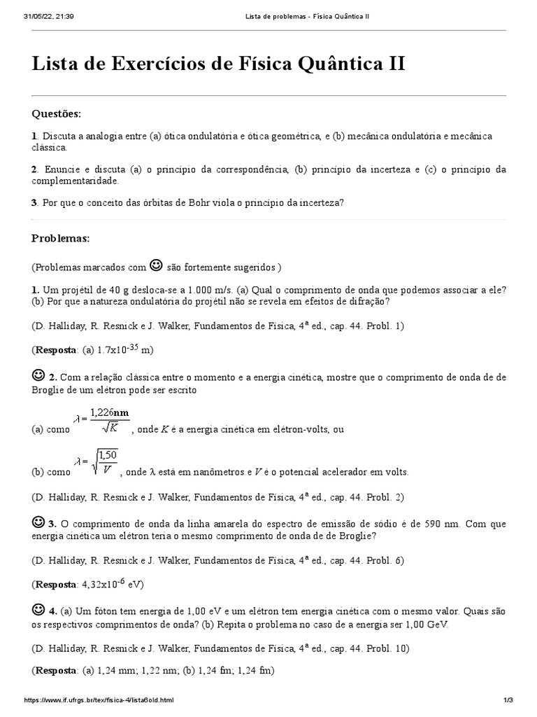 Lista de Problemas - Física Quântica II | PDF | Elétron | Física