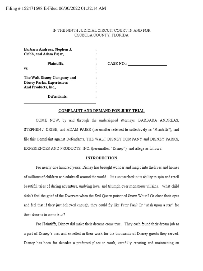 Barbara Andreas, Stephen J. Cribb, and Adam Pajer vs. The Walt Disney ...