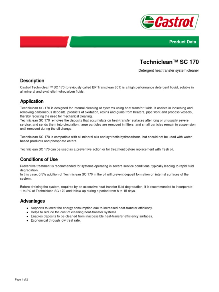 Castrol Techniclean SC 170 - pds | PDF | Heat Transfer | Motor Oil