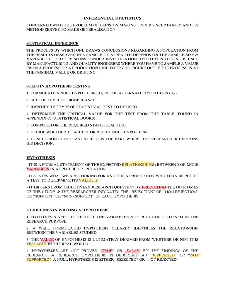 UNIT IV Lesson 1 INFERENTIAL STATISTICS | PDF | Type I And Type Ii Errors | Hypothesis