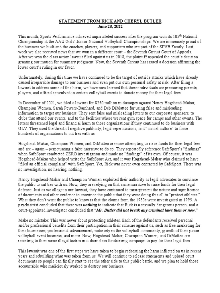 Rick Butler's Full Statement | PDF | Lawsuit | Justice