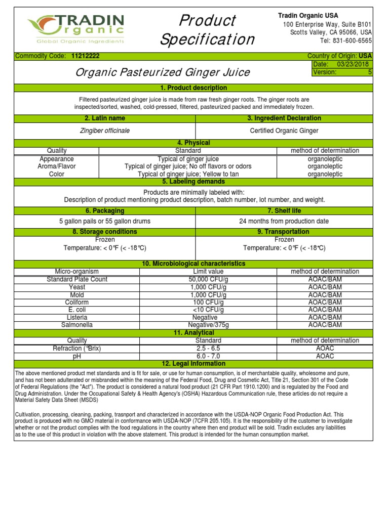 Organic Ginger Juice Specifications | PDF | Foods | Diet & Nutrition