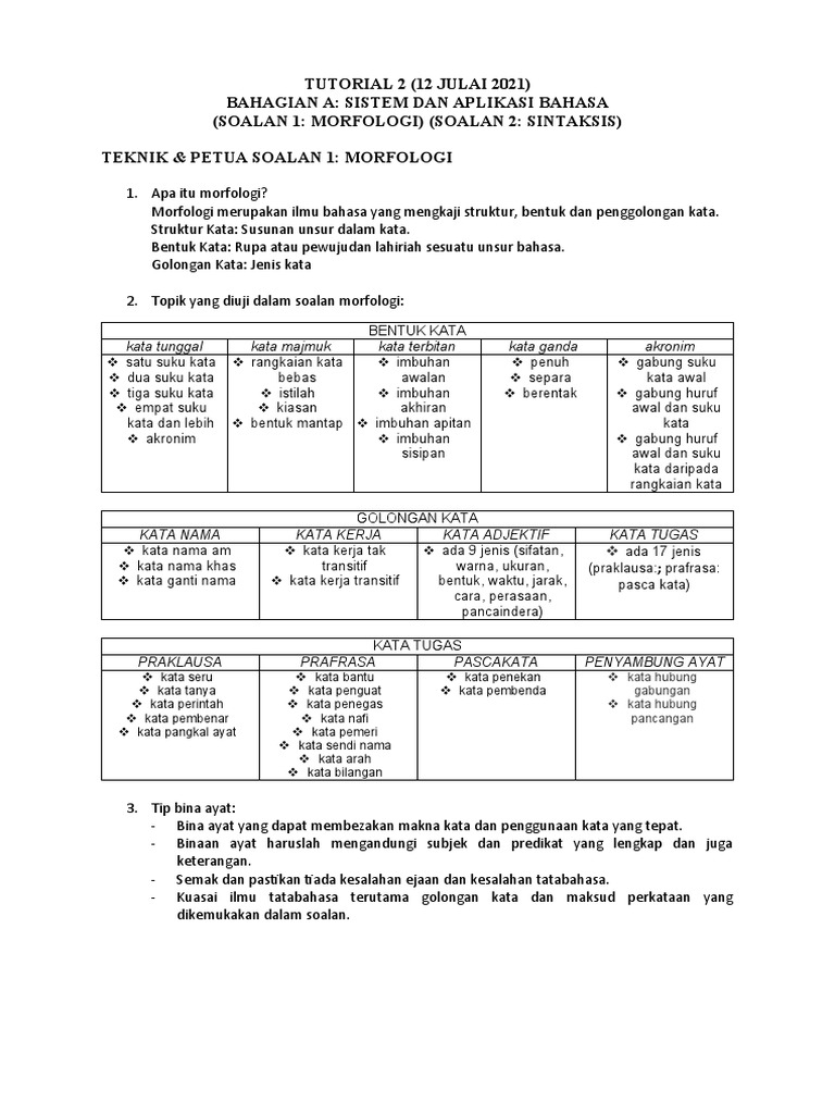 Kelas Tutorial Tatabahasa (Morfologi Dan Sintaksis) | PDF
