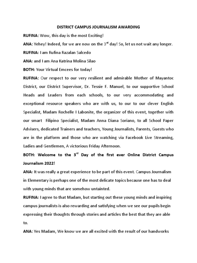 Campus Journ Awarding Script | PDF | Communication